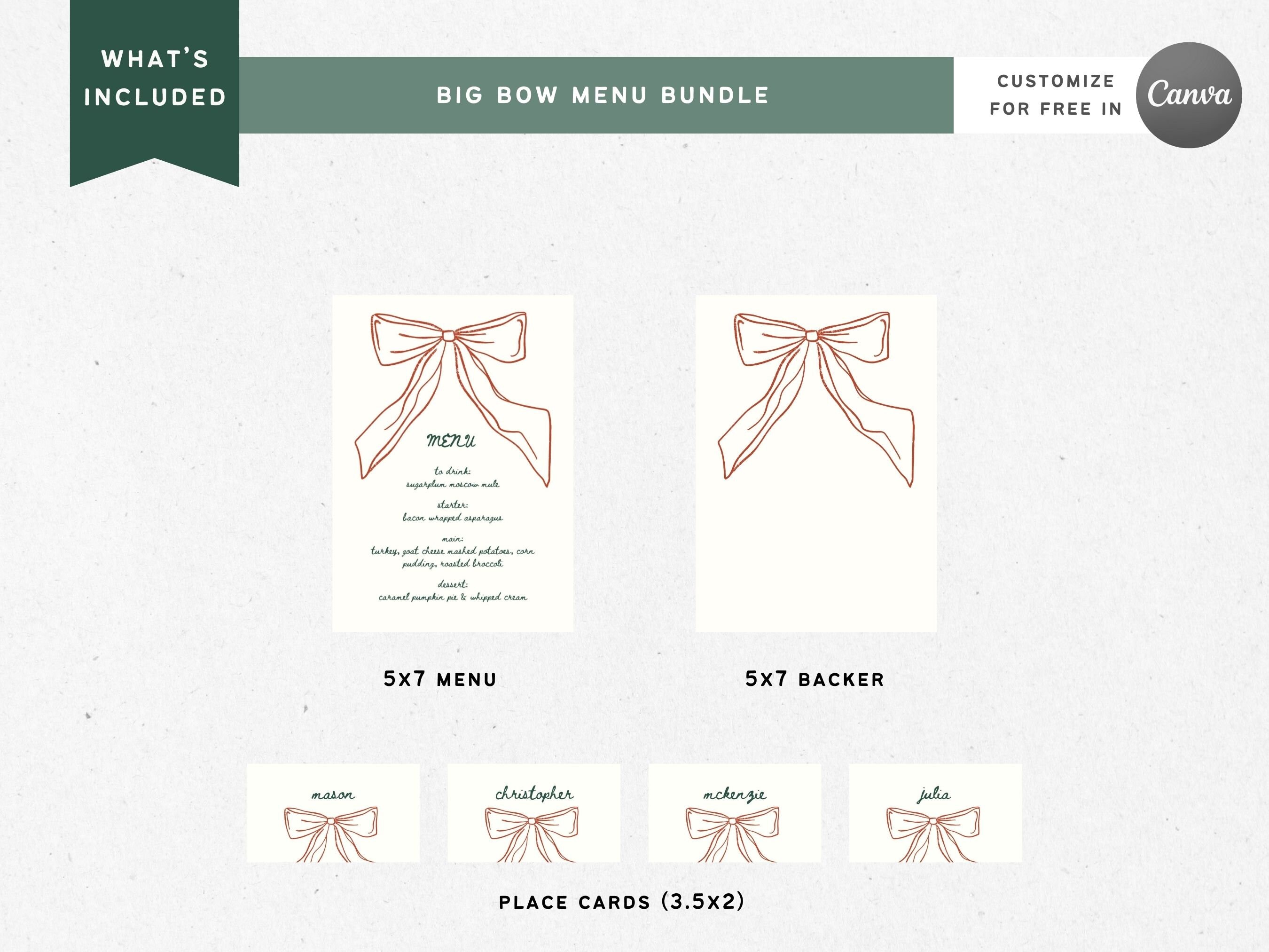 Big Bow Menu & Placecard Template, DIY Dinner Party Invitation, Hand ...