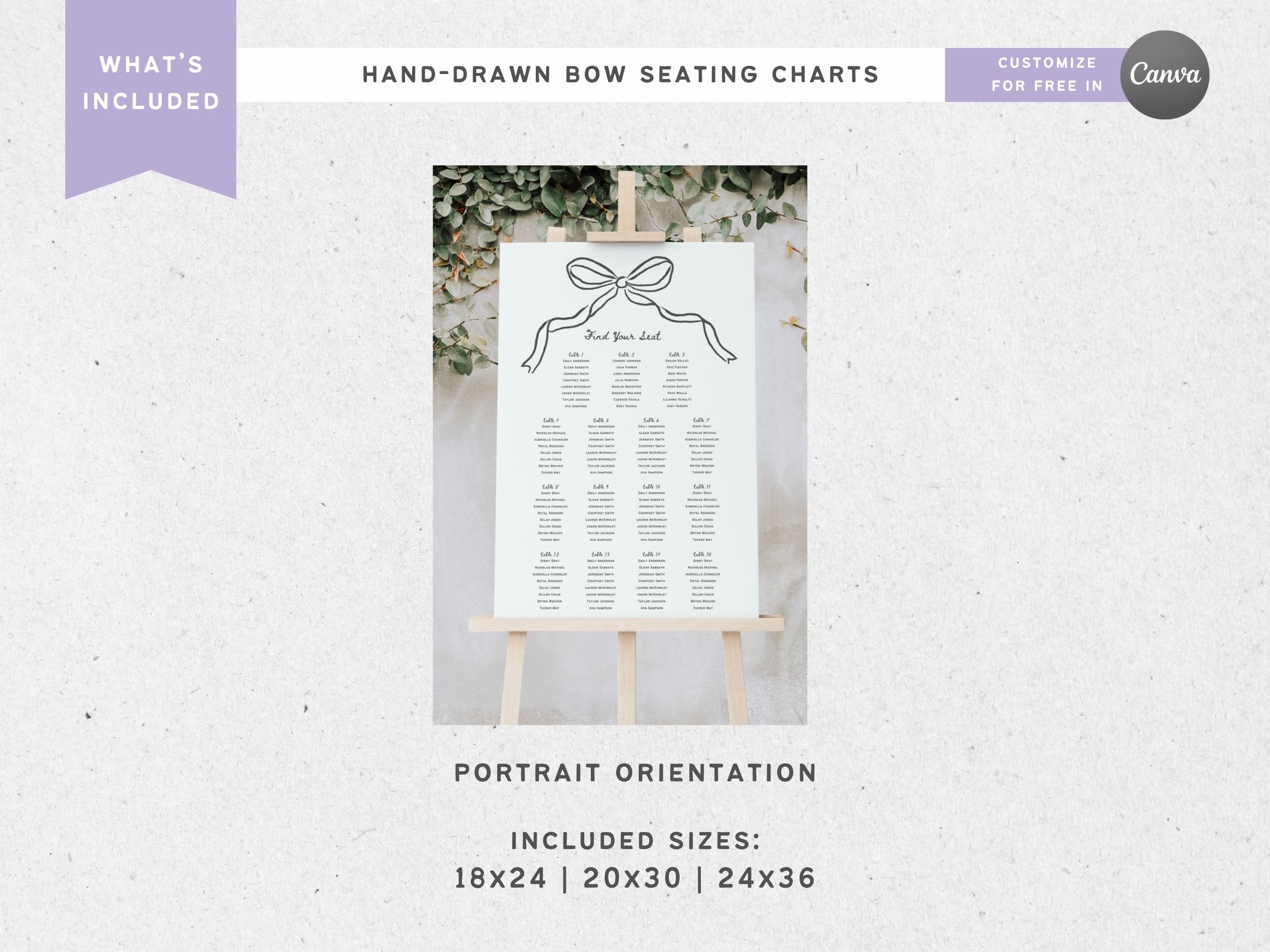 SEATING CHART Reception Signage Hand-drawn Bow, Printable Wedding Table ...