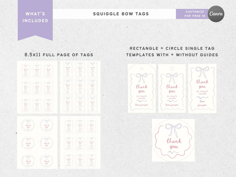 Party Favor Tags - Bow Ribbon Squiggle Template, DIY Printable Gift ...