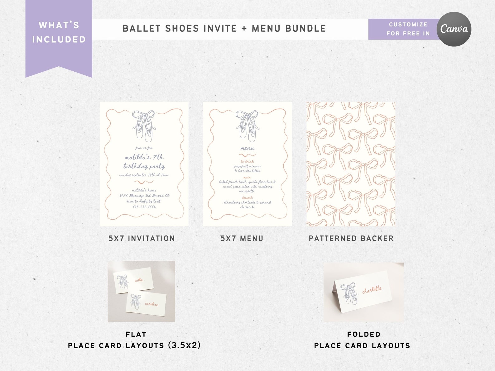 Hand-drawn Ballet Shoe Squiggle Invite Menu & Placecard Template, DIY ...