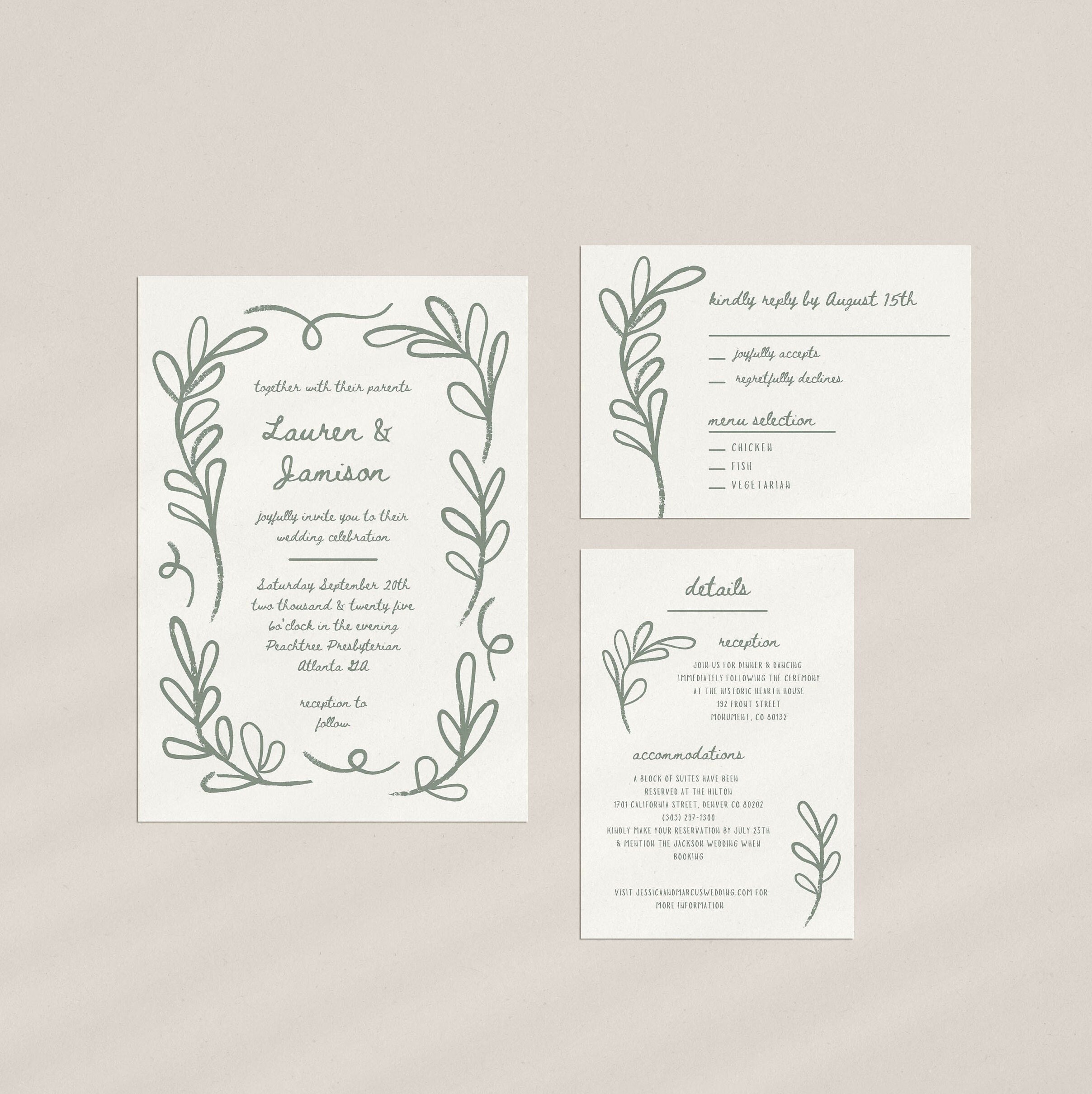 Wedding Invitation Suite Leafy Border Invite With RSVP & Details Card ...