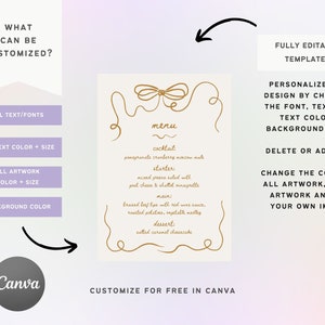 Swirly Bow Menu & Placecard Template, DIY Bow Brunch Menu, Wedding Menu ...