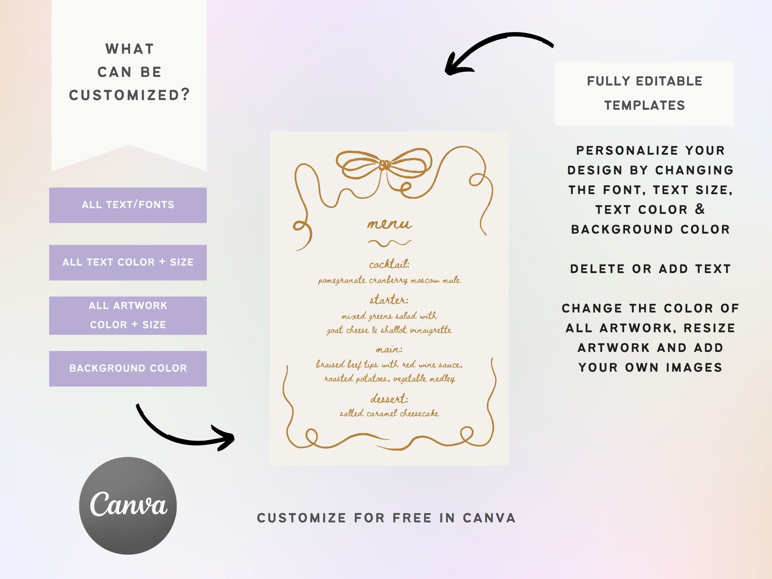 Swirly Bow Menu & Placecard Template, DIY Bow Brunch Menu, Wedding Menu ...