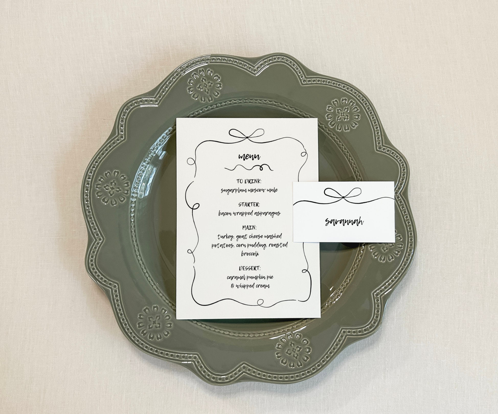 Ribbon Bow Menu & Placecard Template, DIY Dinner Party Invitation, Hand ...