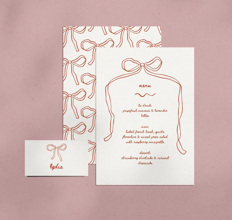 Galentine's Ribbon Bow Menu & Placecard Template, DIY Printable Brunch ...