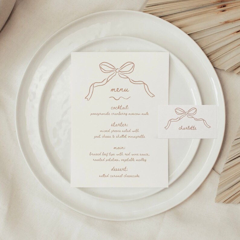 Hand-drawn Bow Menu & Placecard Template, DIY Bow Brunch Menu, Hand ...