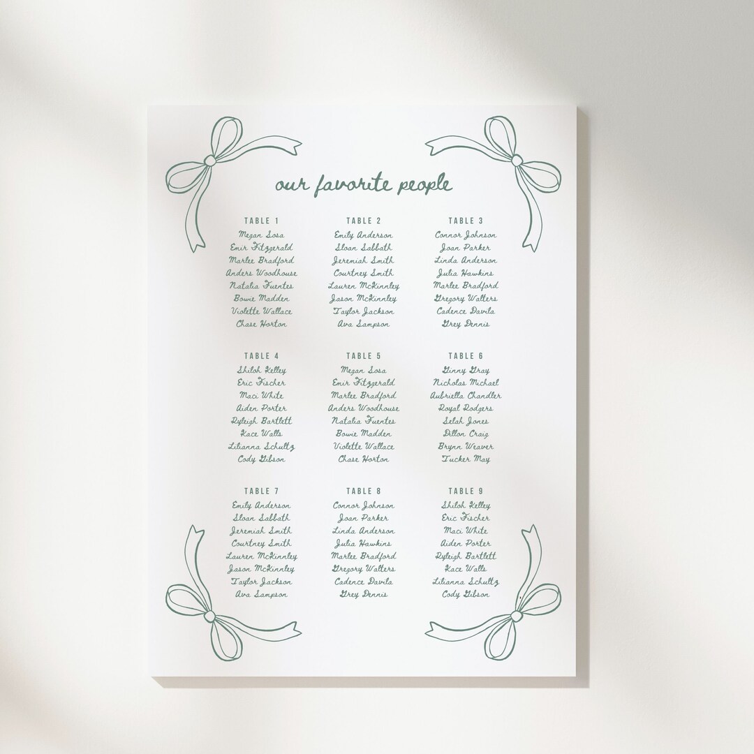 SEATING CHART Reception Signage Hand-drawn Bow, Printable Wedding Table ...