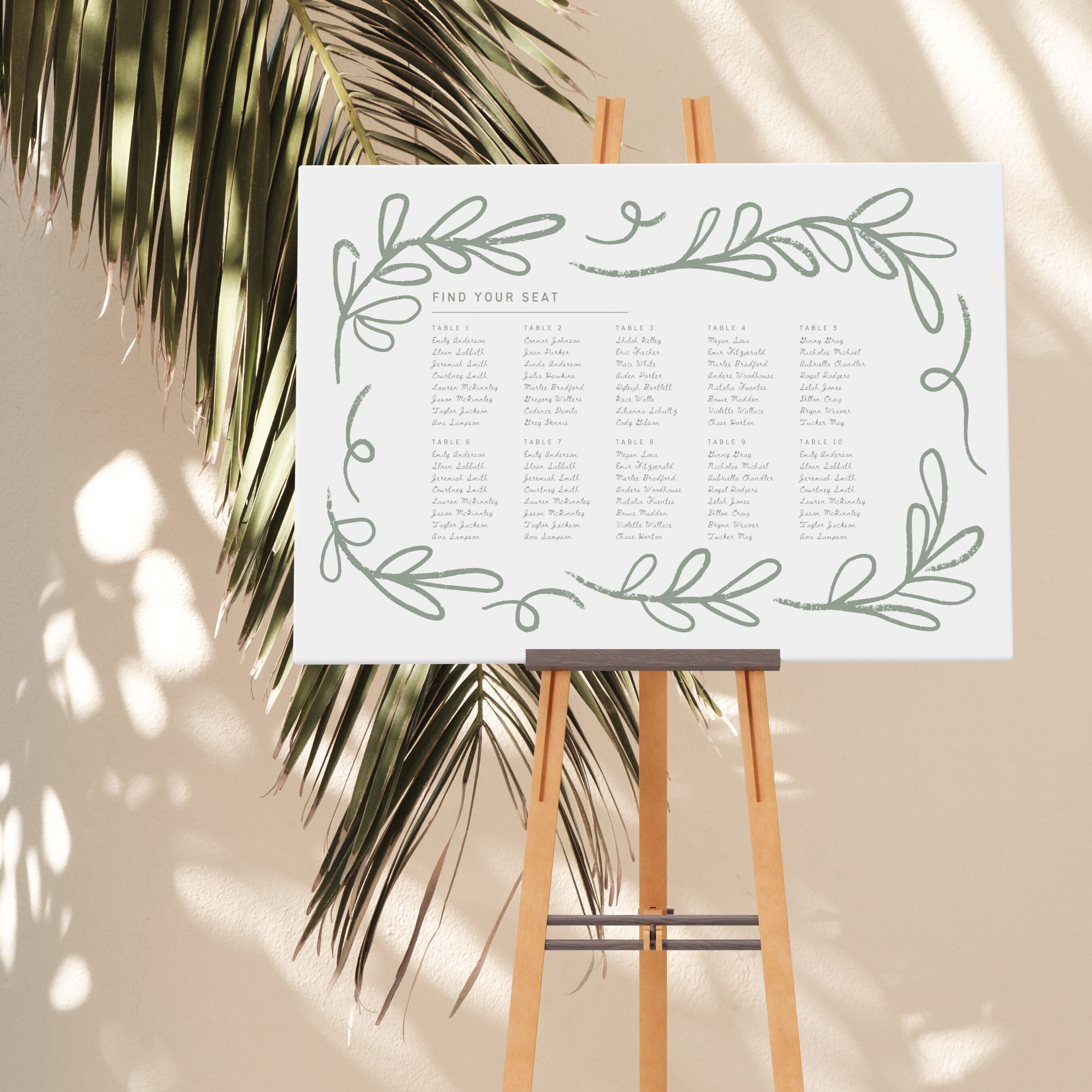 SEATING CHART Reception Signage Leafy Border, Printable Wedding Table ...