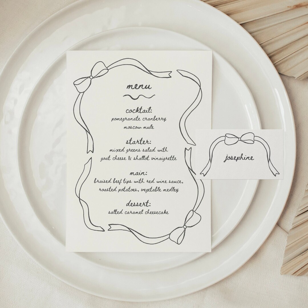Bow Ribbon Menu & Placecard Template, DIY Bow Brunch Menu, Wedding Menu ...