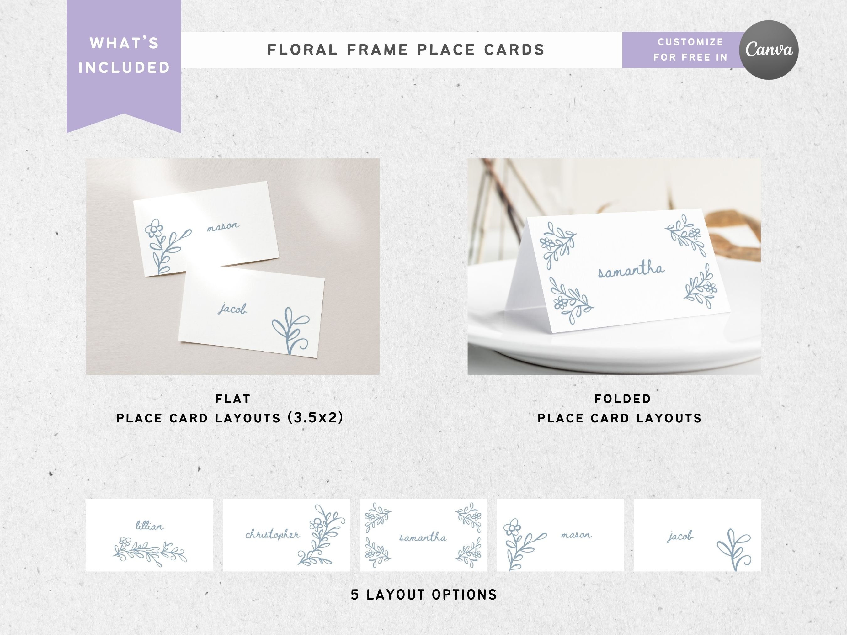 PLACE CARDS Blue Floral Frame Minimal Modern Printable - Etsy