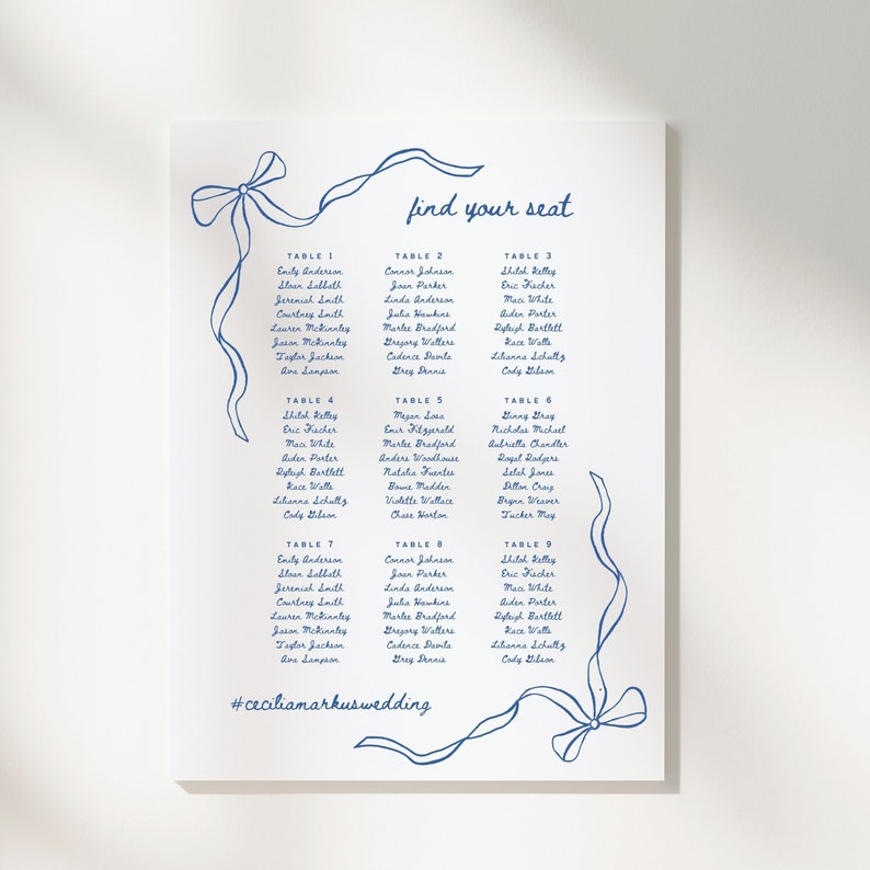 SEATING CHART Reception Signage Ribbon & Bow, Printable Wedding Table ...