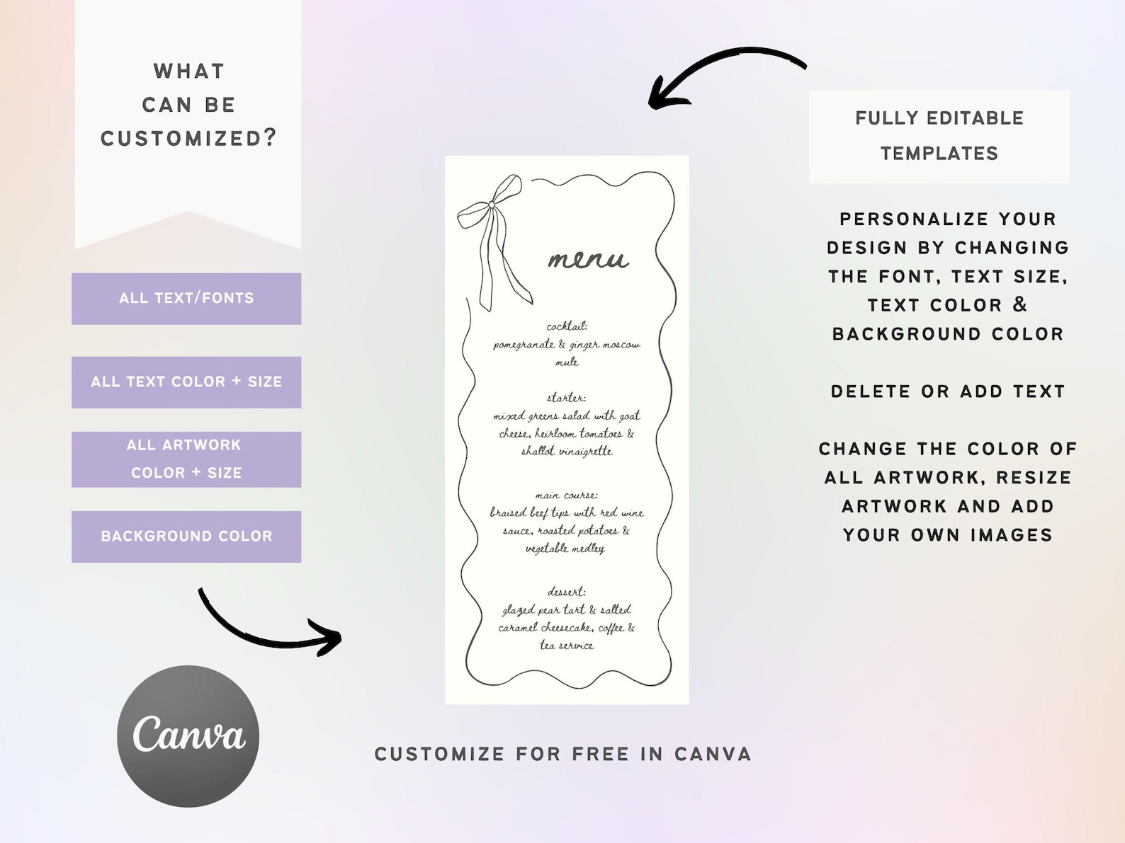 Wedding Reception Menu & Placecard Template: Ribbon Bow, Minimalist ...