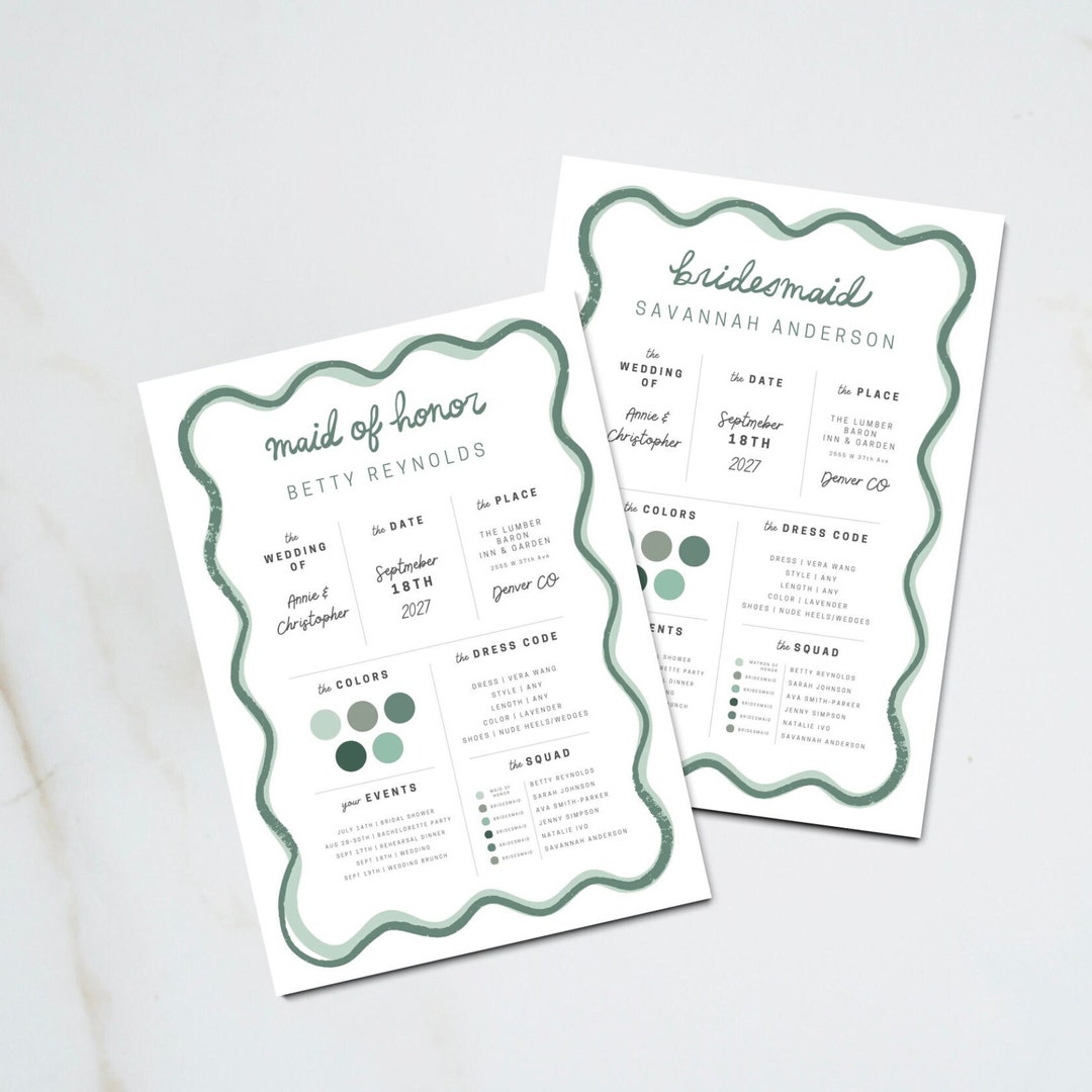 BRIDESMAID INFO CARDS, Wavy Editable Info Card Template, Digital ...