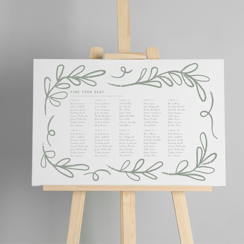 SEATING CHART Reception Signage Leafy Border, Printable Wedding Table ...