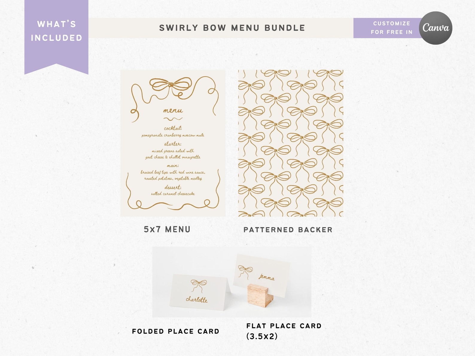 Swirly Bow Menu & Placecard Template, DIY Bow Brunch Menu, Wedding Menu ...