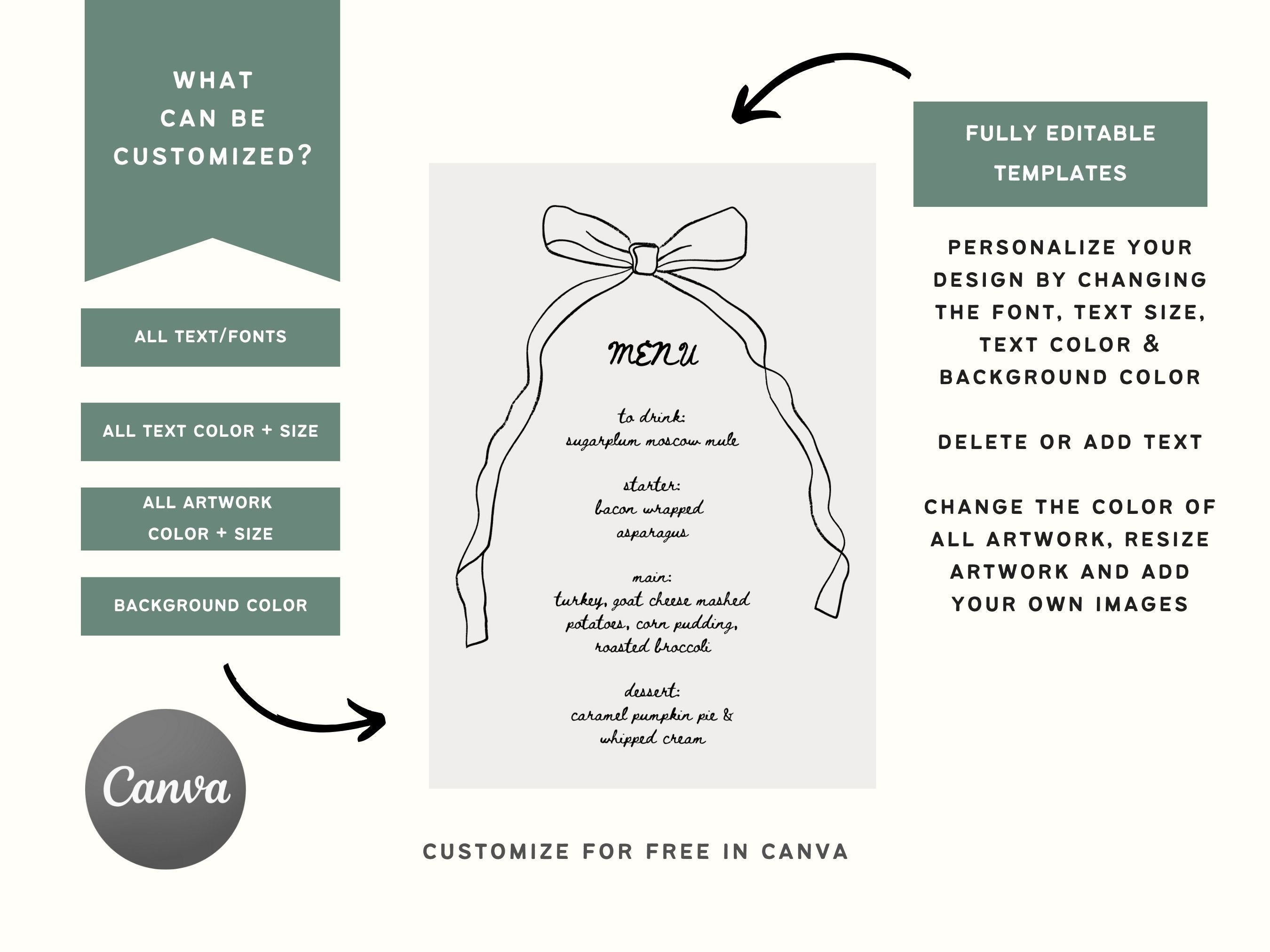 Ribbon Bow Menu & Placecard Template, DIY Dinner Party Invitation, Hand ...