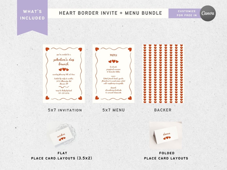 Galentine's Red Heart Invite Menu & Placecard Template, DIY Brunch ...