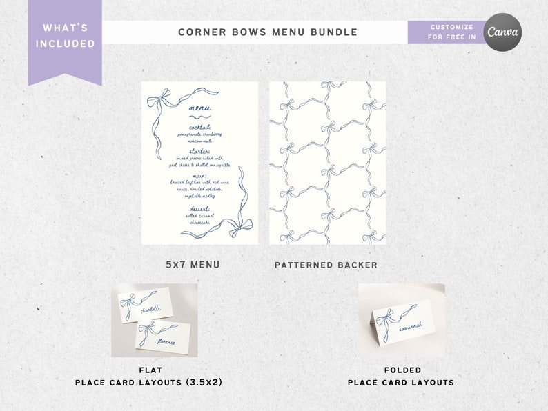 Bow Ribbon Menu & Placecard Template, DIY Bow Brunch Menu, Wedding Menu ...