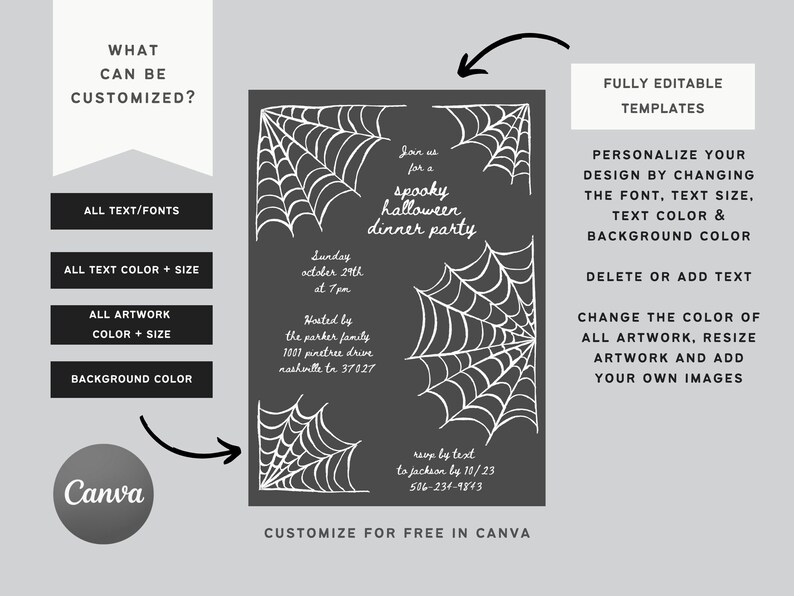 Spooky Spider Web Invitation Template, Editable Dinner Party Invite ...