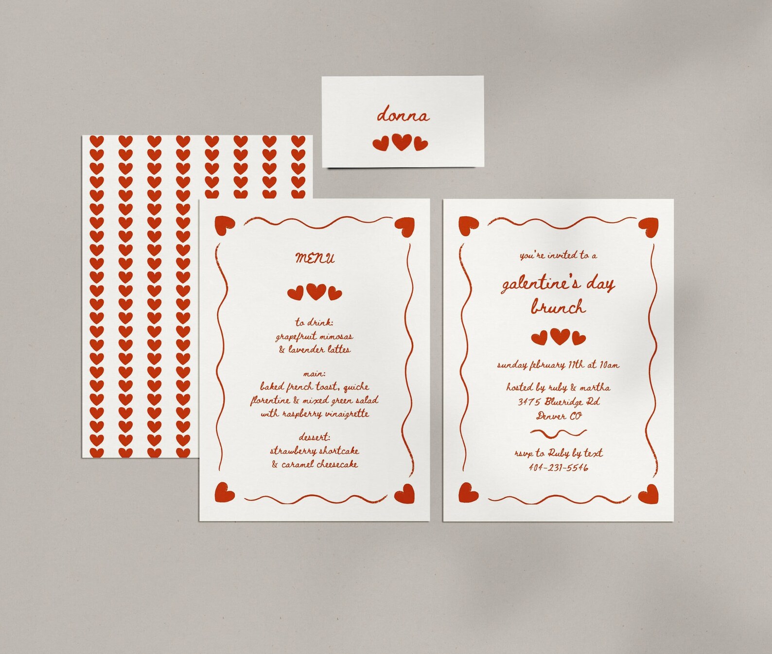 Galentine's Red Heart Invite Menu & Placecard Template, DIY Brunch ...