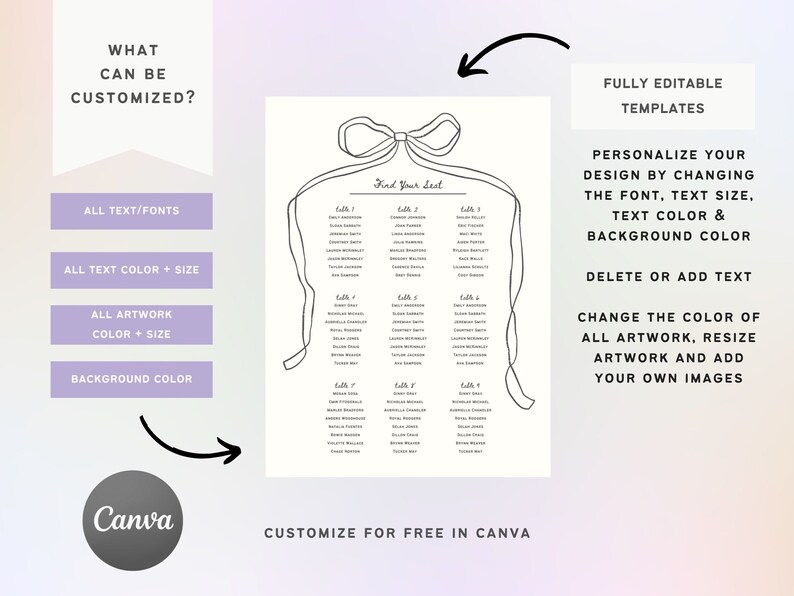 SEATING CHART Reception Signage Simple Ribbon + Bow, Printable Wedding ...