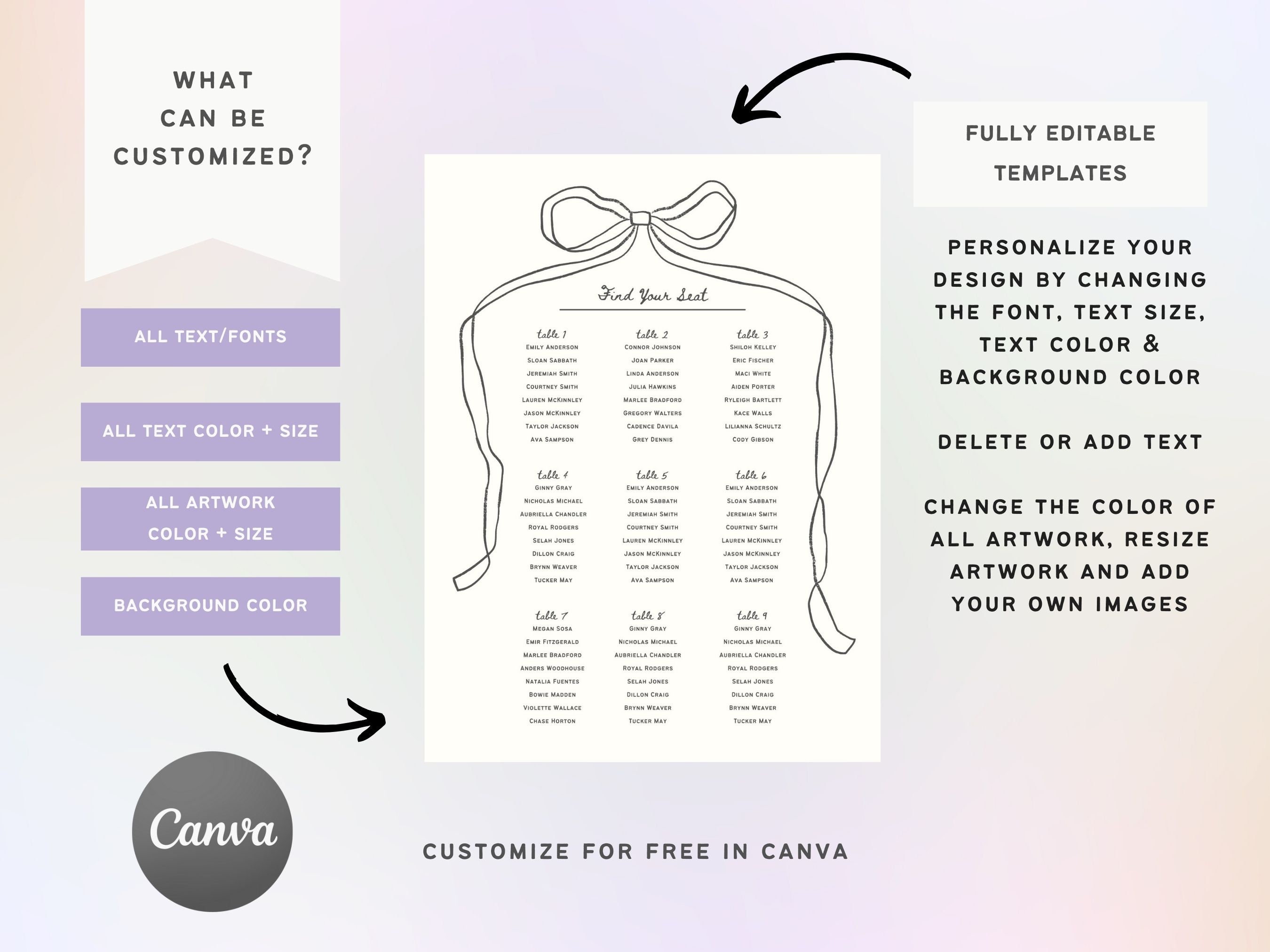 SEATING CHART Reception Signage Simple Ribbon Bow, Printable Wedding ...