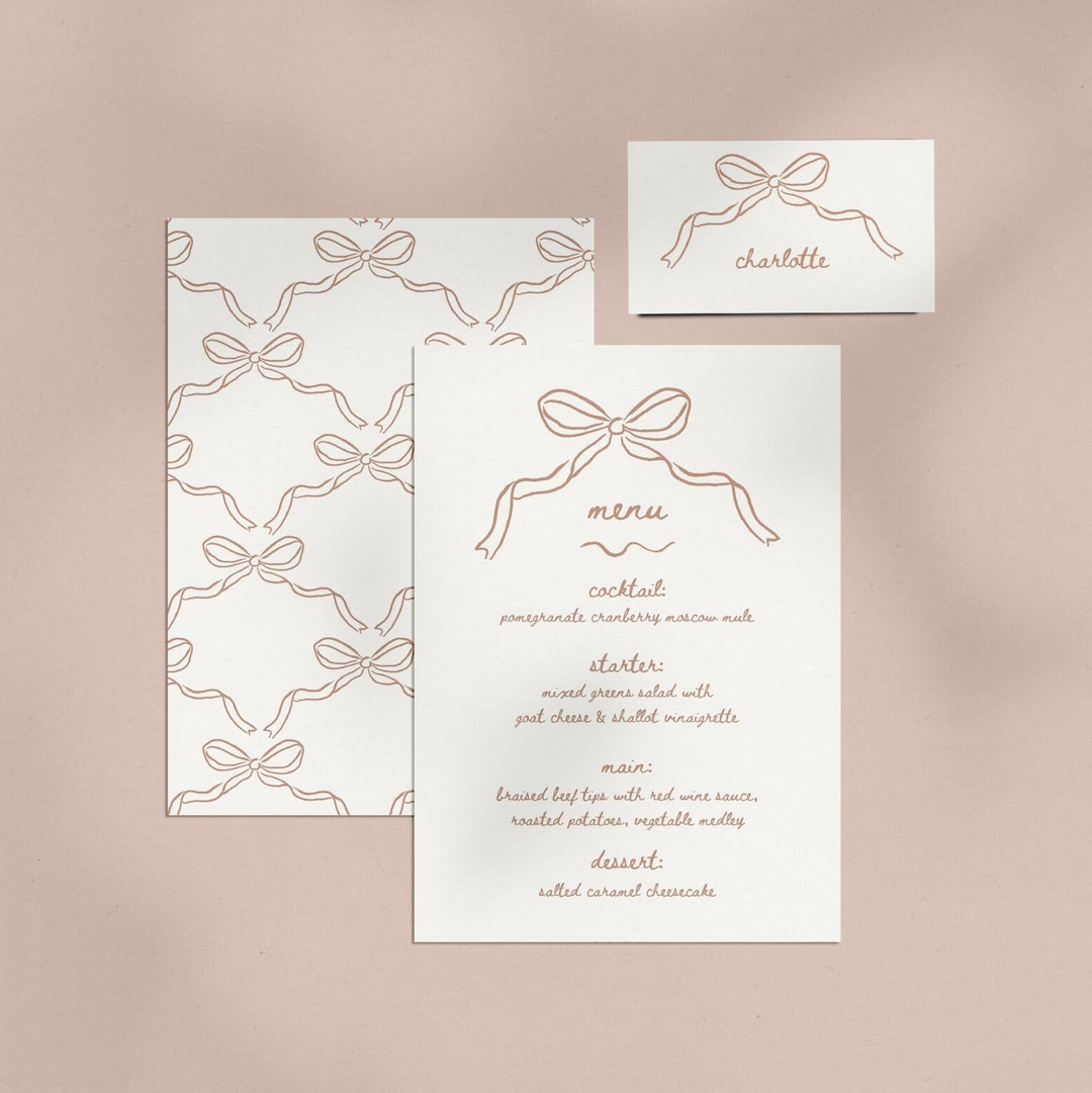 Hand-drawn Bow Menu & Placecard Template, DIY Bow Brunch Menu, Hand ...
