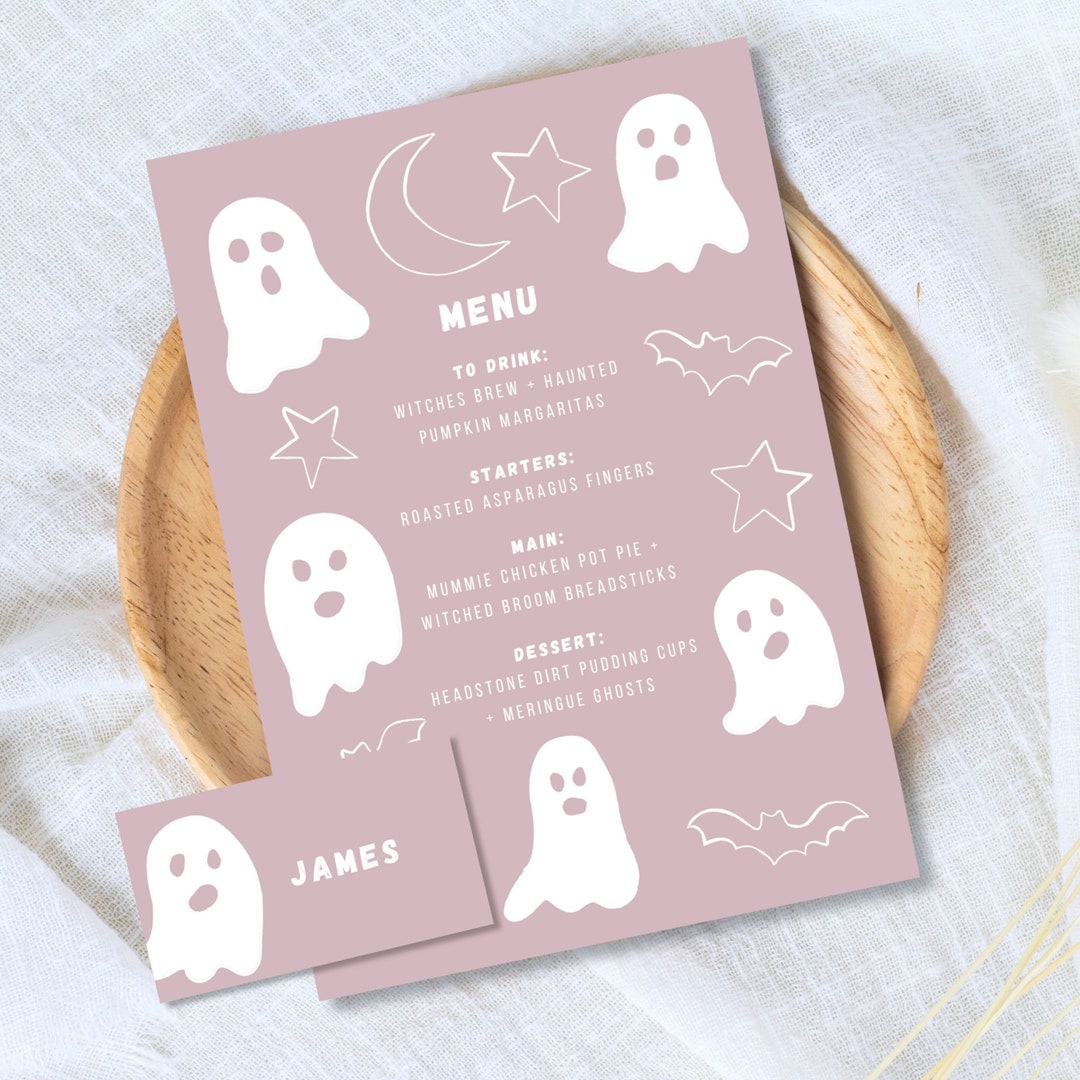 Pink Ghosts Halloween Menu Template, Ghost Placecards, Halloween Pastel ...