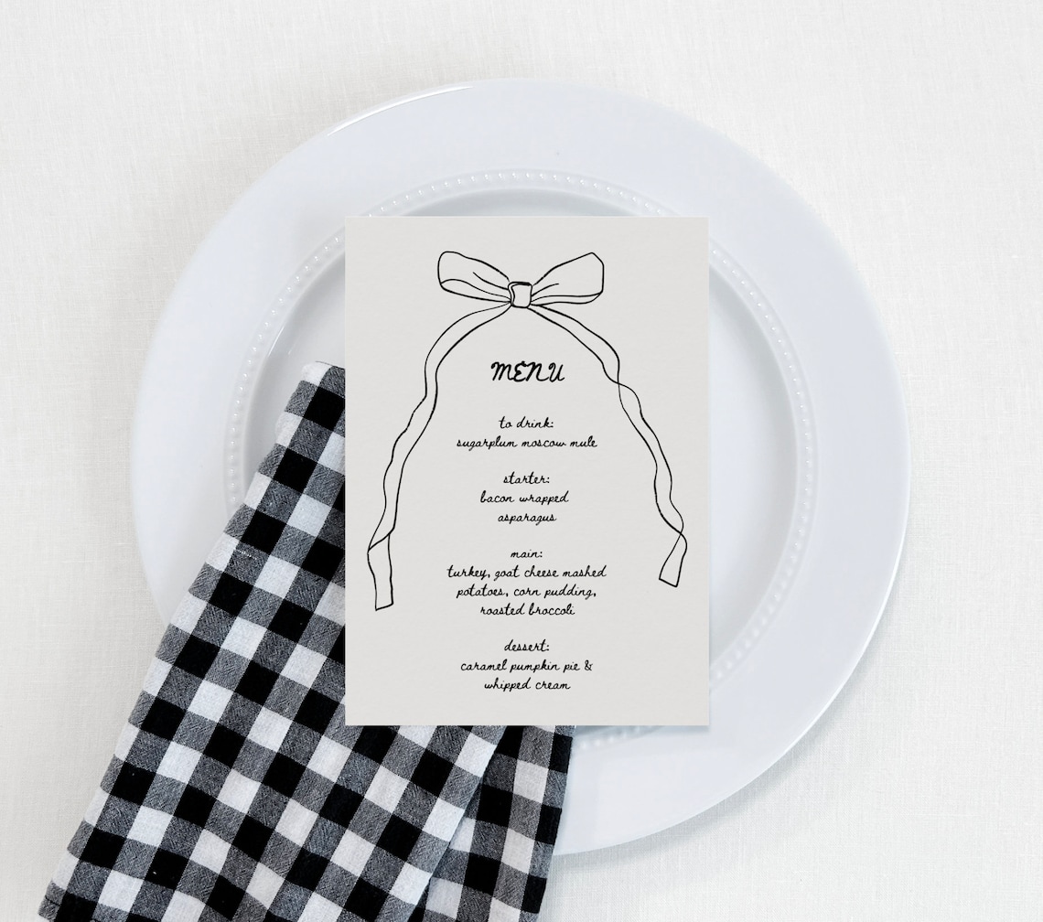Ribbon Bow Menu & Placecard Template, DIY Dinner Party Invitation, Hand ...