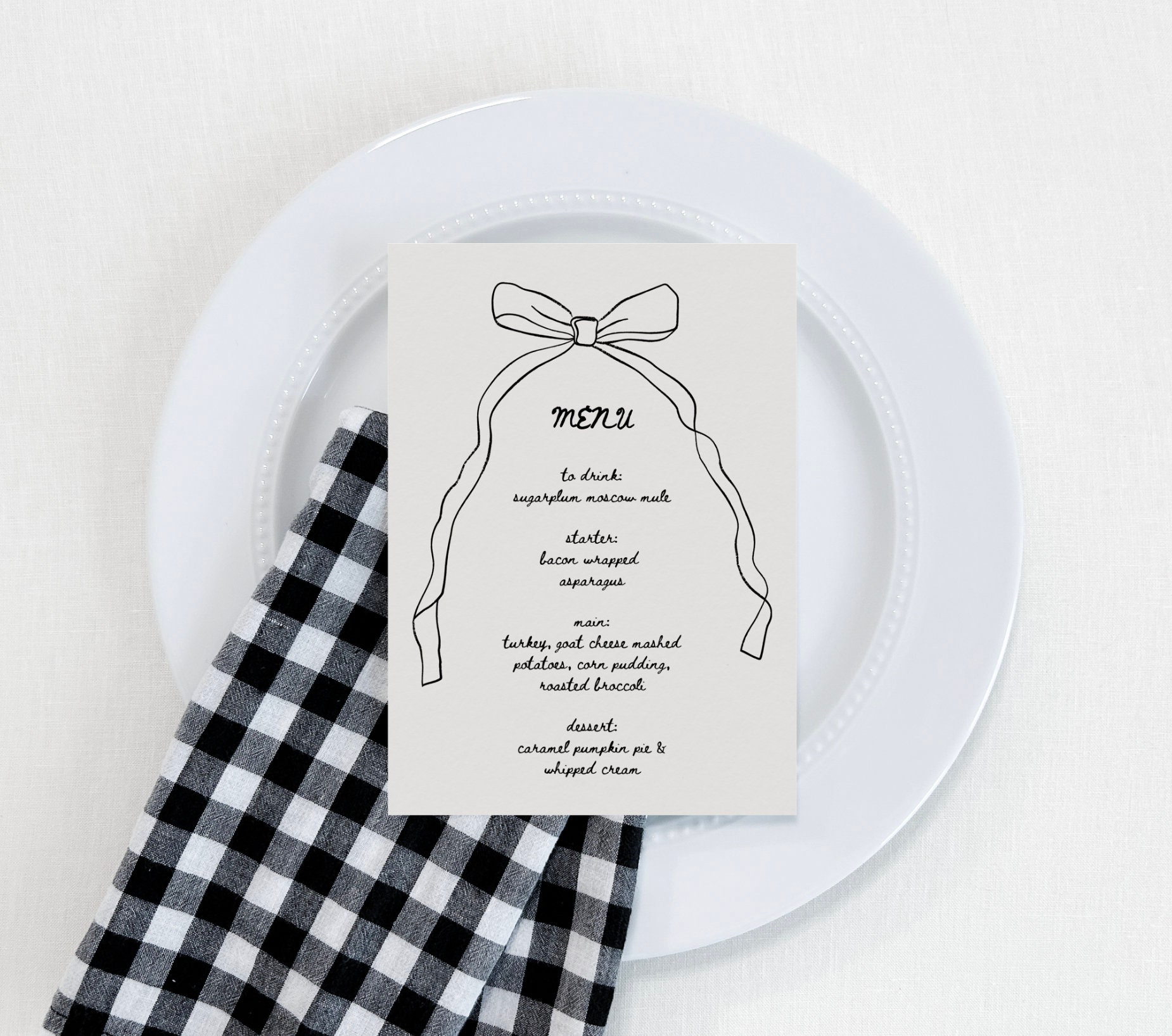 Ribbon Bow Menu & Placecard Template, DIY Dinner Party Invitation, Hand ...