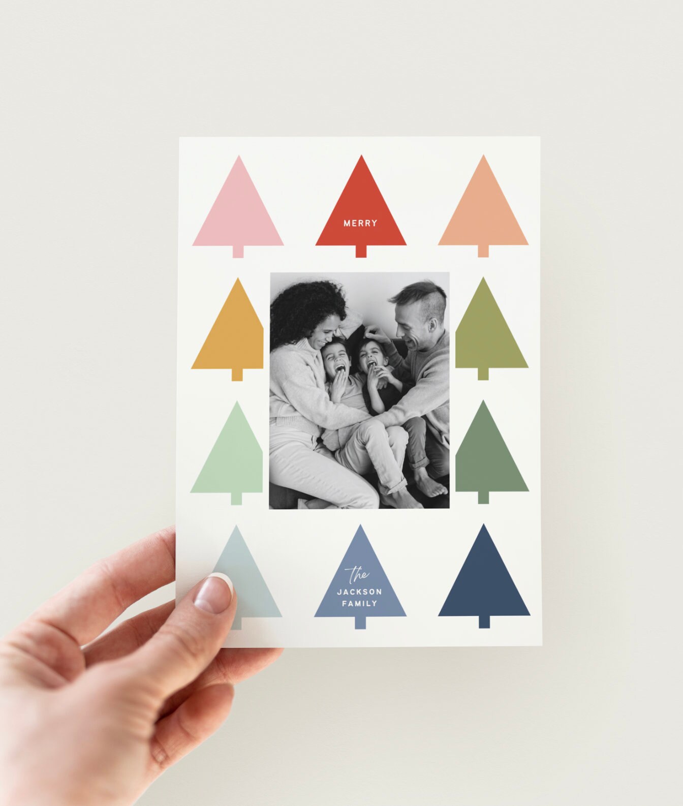 Digital PHOTO CHRISTMAS CARD Rainbow Trees, Canva Template, Printable ...