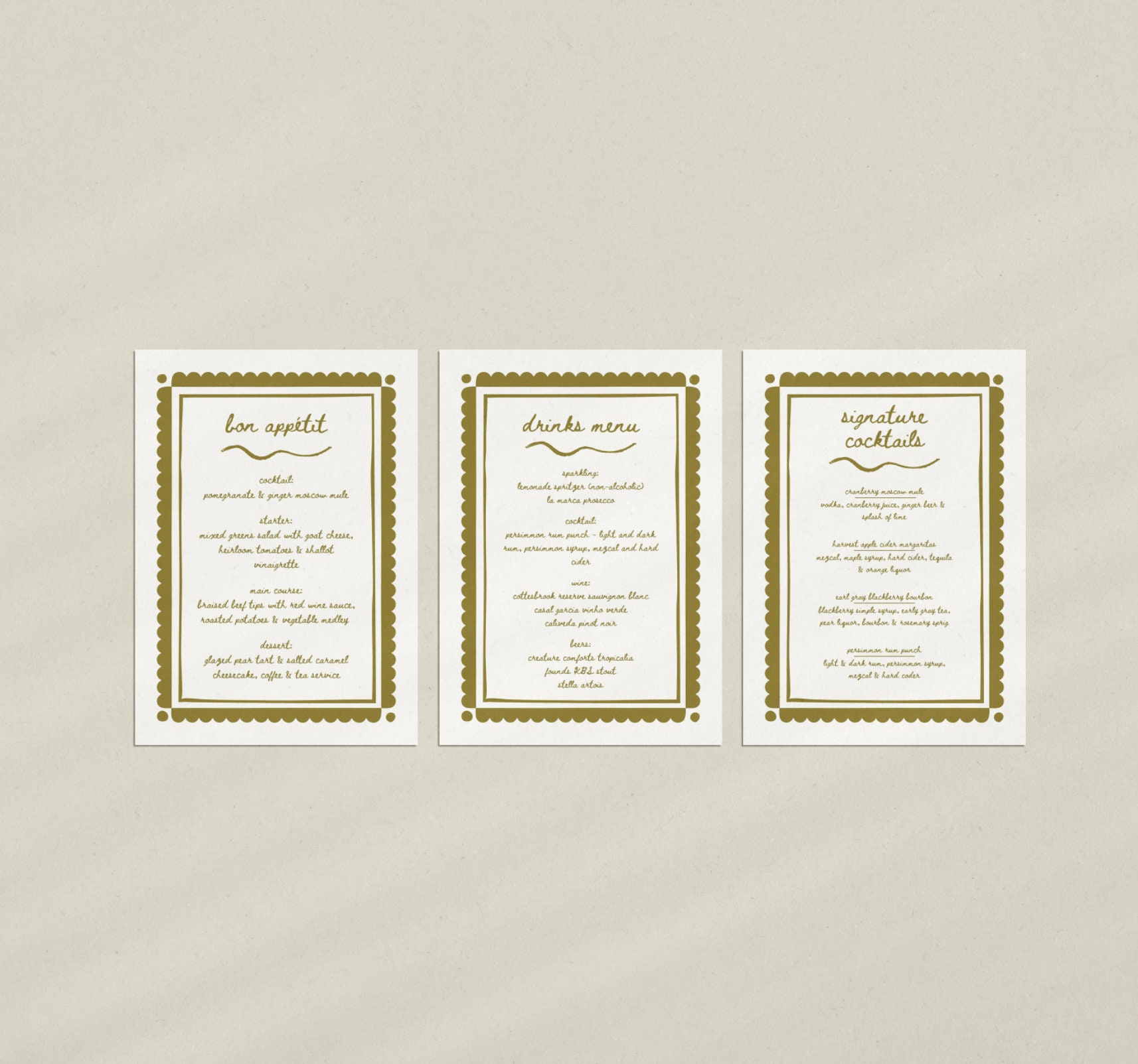 RECEPTION MENUS Bar Drinks Menu Simple Scallops Border - Etsy