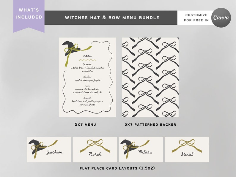Witches Hat With Bow Menu Template Bundle, Editable Dinner Party Menu ...