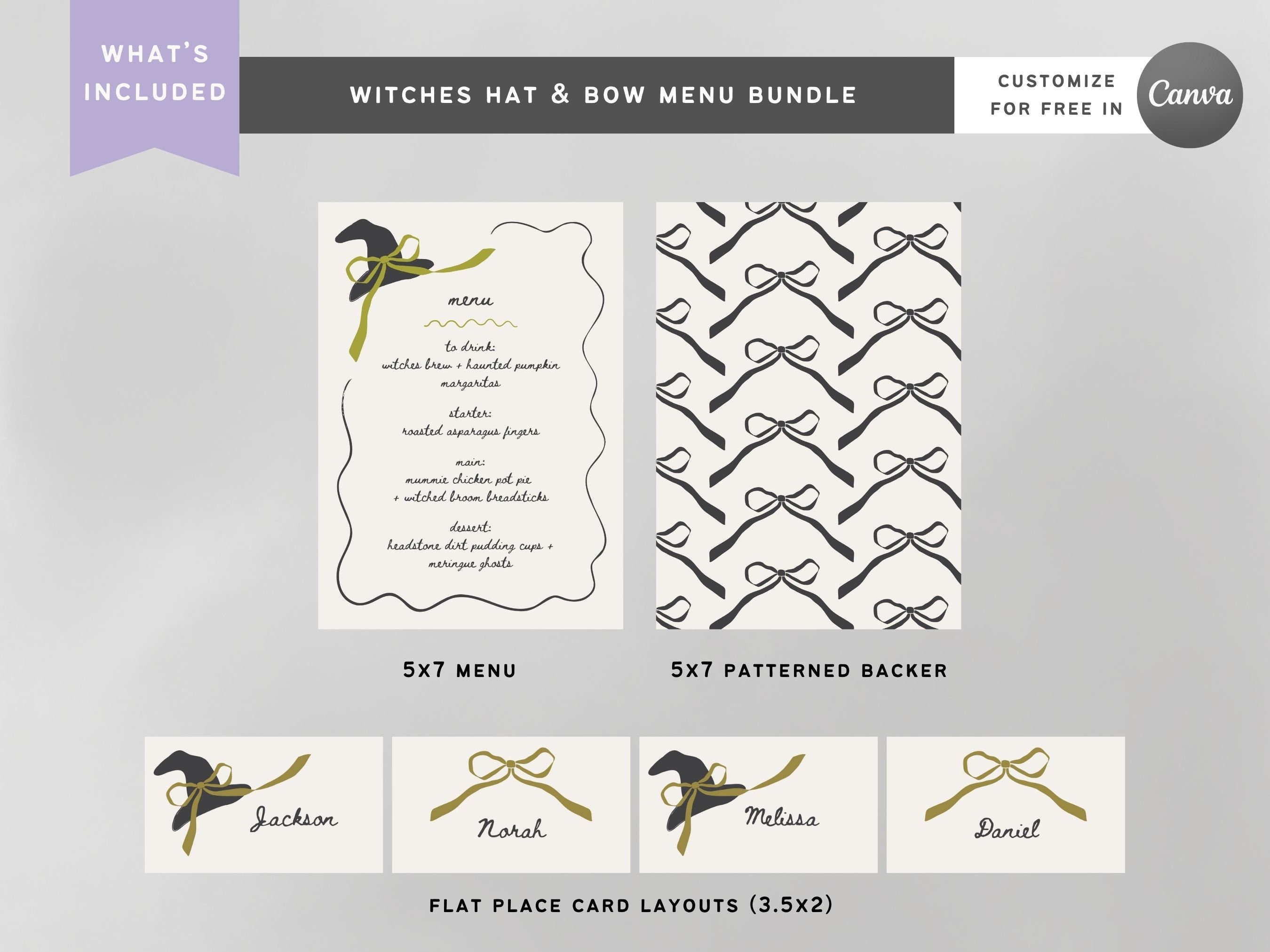 Witches Hat With Bow Menu Template Bundle, Editable Dinner Party Menu ...