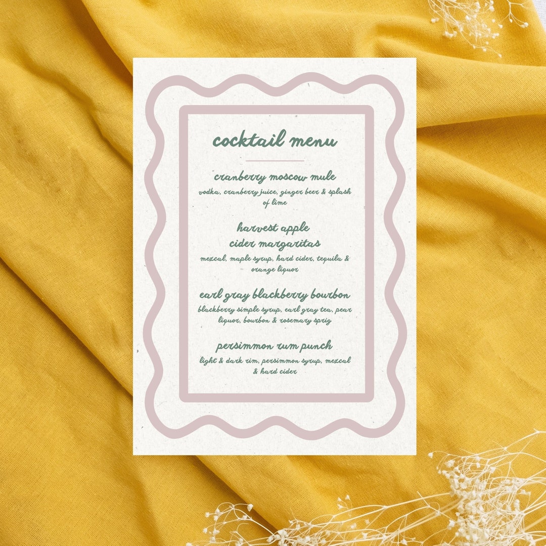 Bar + Drinks Menu, Simple Wave Border Menu, Printable Reception Menu ...