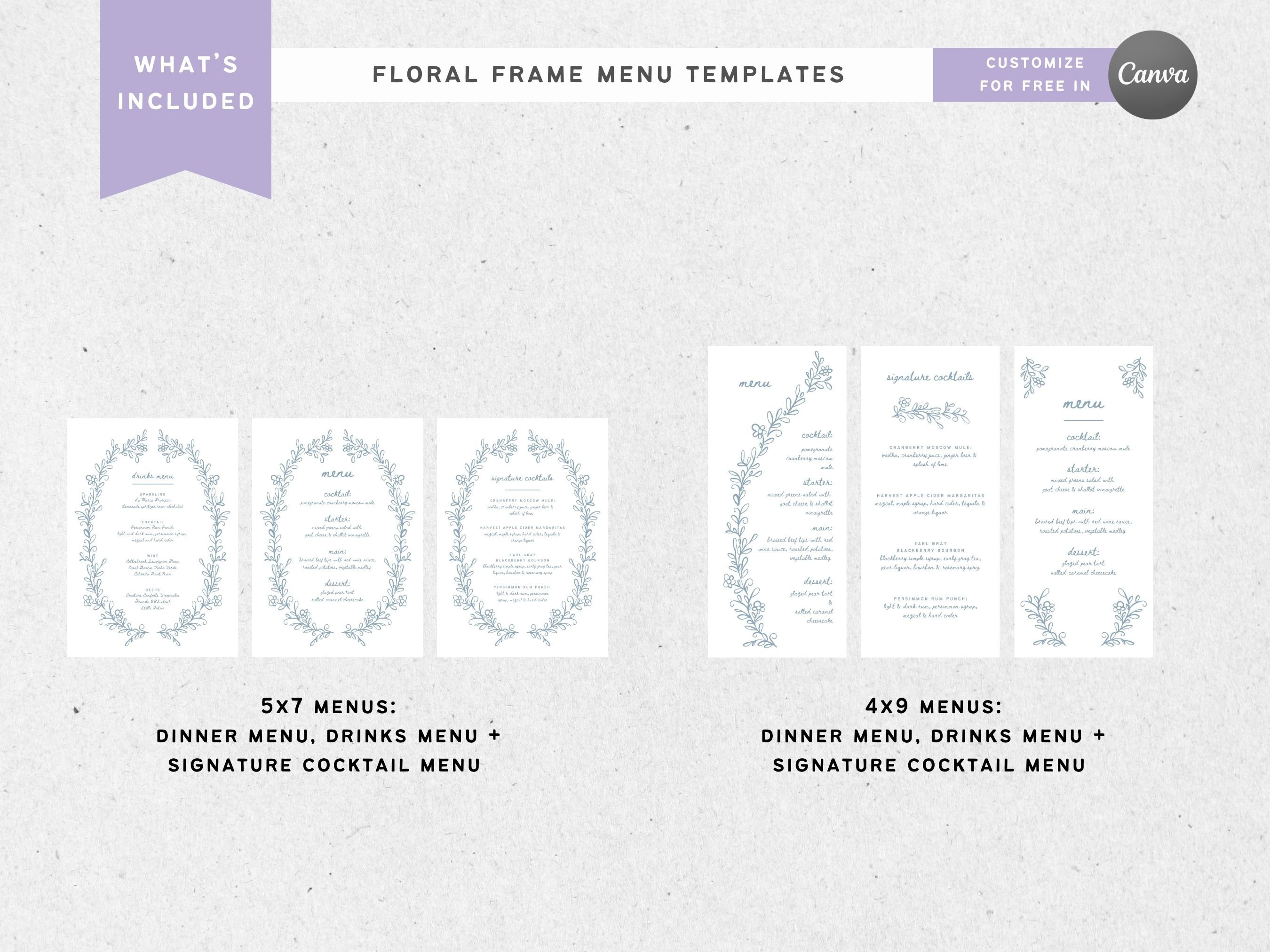 RECEPTION MENU, Bar Drinks Menu, French Blue Floral Border, 4x9 and 5x7 ...