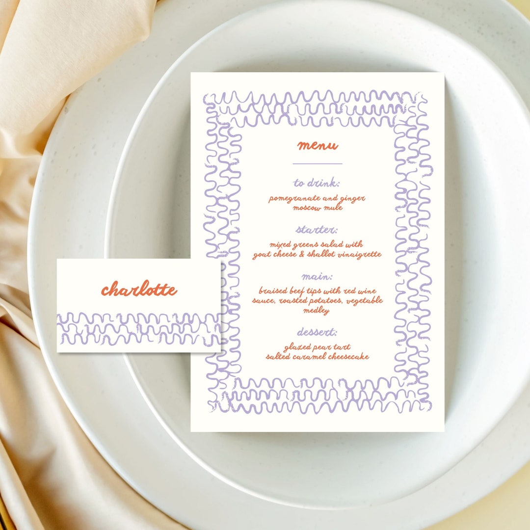 Hand Drawn Mini Wavy Border Dinner Party Menu, Rehearsal Dinner Menu ...