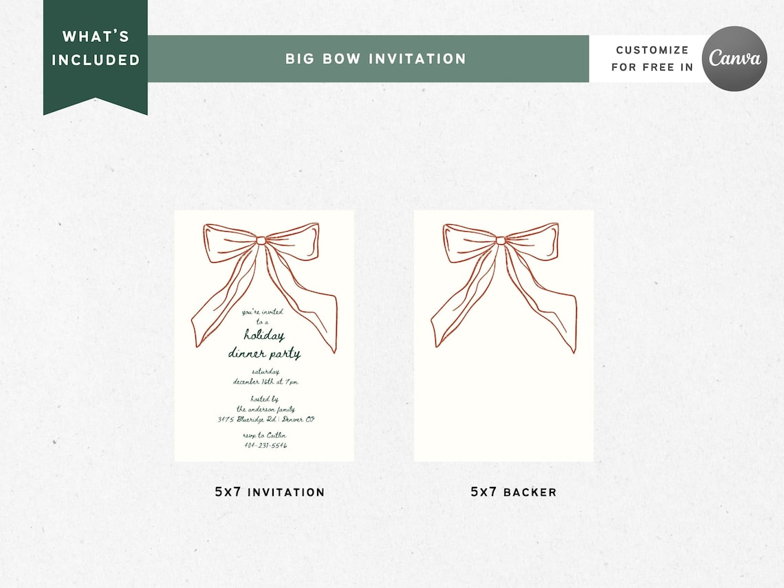 Big Bow Invitation Template, DIY Holiday Party Invitation, Hand-drawn ...