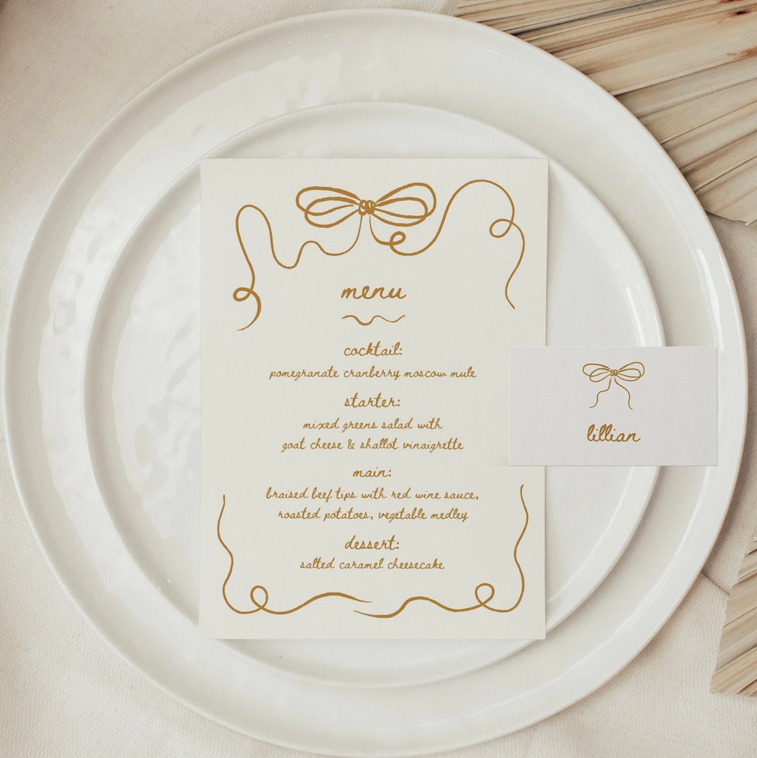 Swirly Bow Menu & Placecard Template, DIY Bow Brunch Menu, Wedding Menu ...