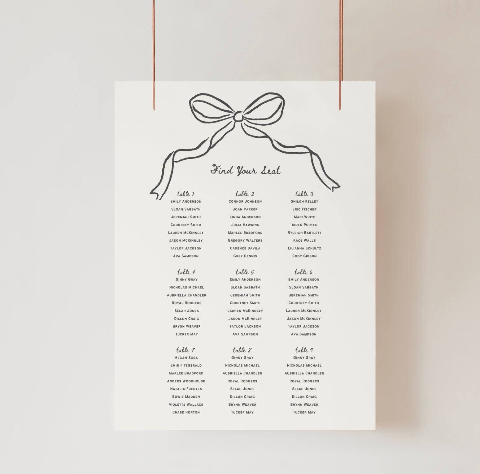 SEATING CHART Reception Signage Hand-drawn Bow, Printable Wedding Table ...