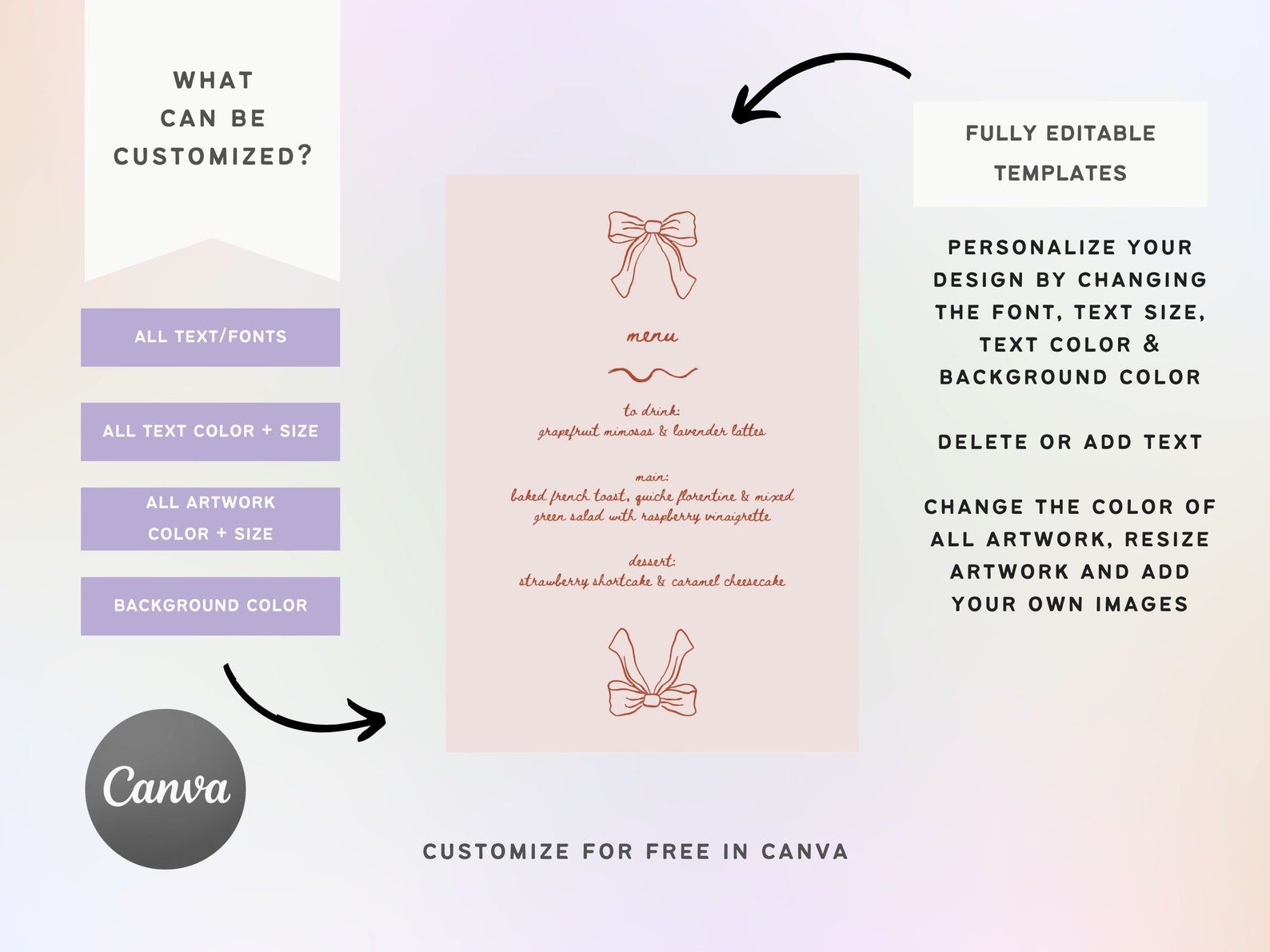 Galentine's Sweet Bow Menu & Placecard Template, DIY Pink Brunch Menu, Hand-drawn Ribbon Bow ...