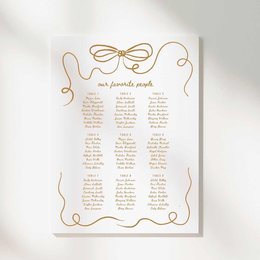 SEATING CHART Reception Signage Swirly Ribbon & Bow, Printable Wedding ...