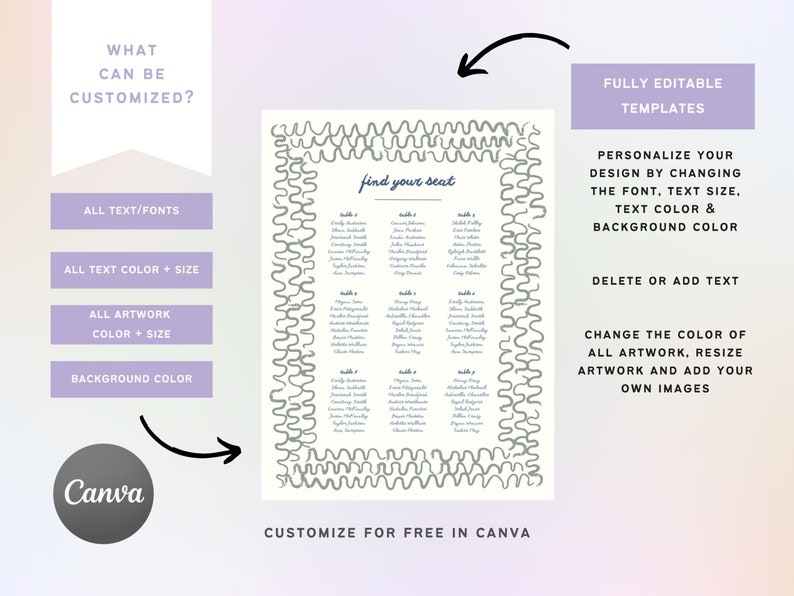 Seating Chart Reception Signage Mini Wavy Border, Printable Wedding ...