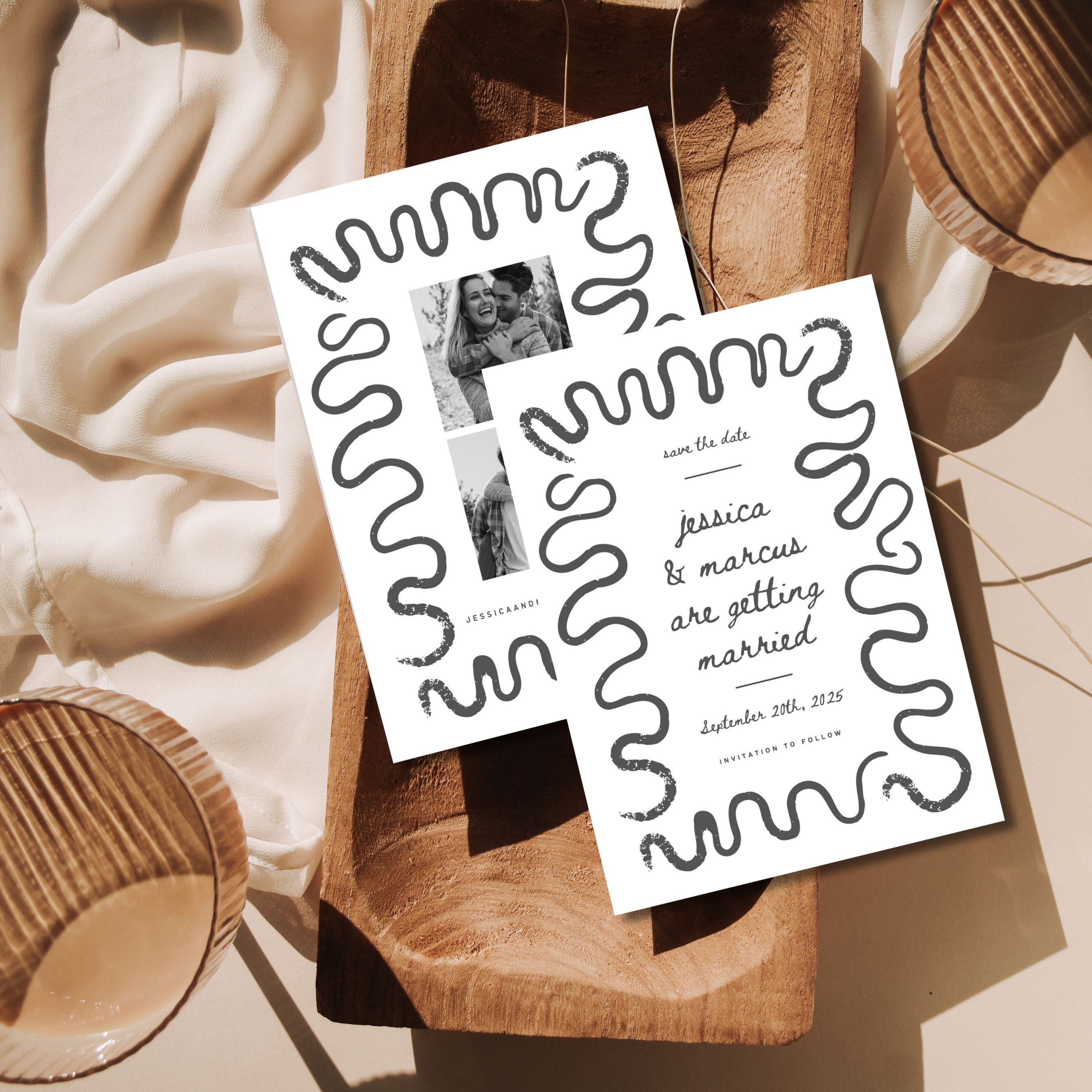 SAVE the DATE Wonky Waves Black and White, Hand Drawn Wavy Border ...