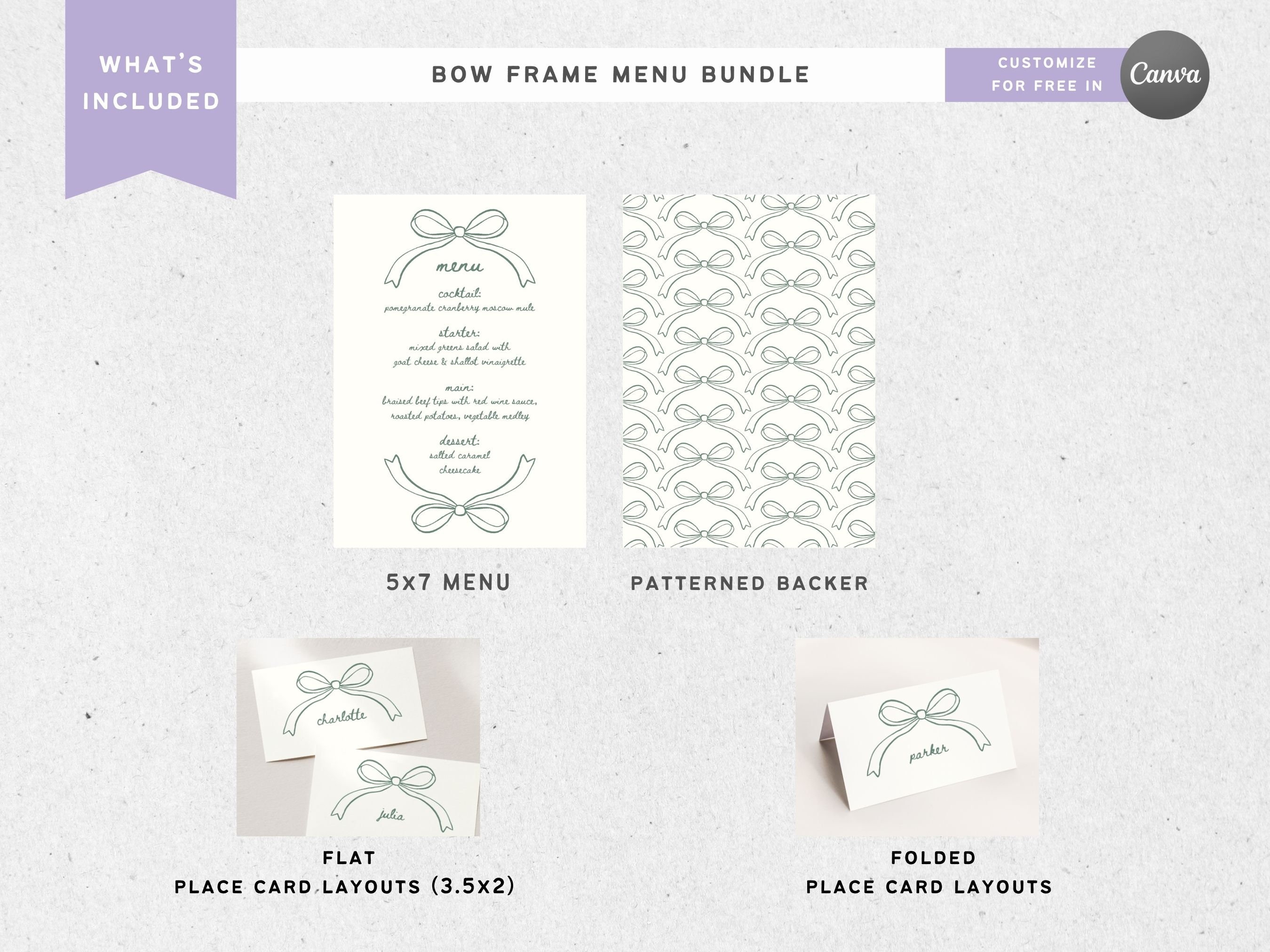 Bow Ribbon Menu & Placecard Template, DIY Bow Brunch Menu, Wedding Menu ...