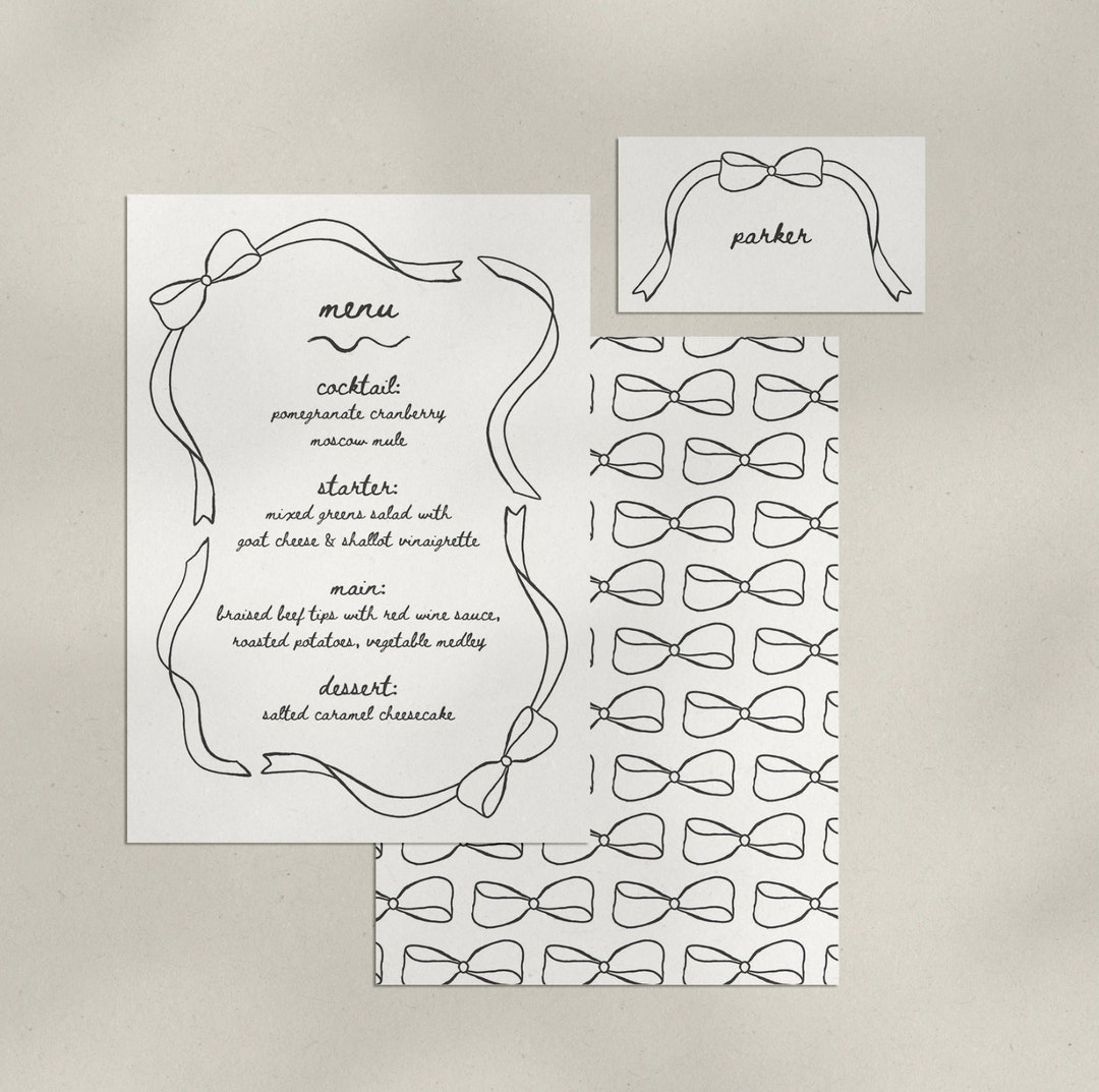 Bow Ribbon Menu & Placecard Template, DIY Bow Brunch Menu, Wedding Menu ...