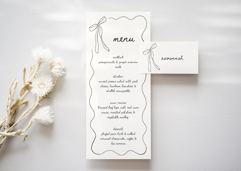 Wedding Reception Menu & Placecard Template: Ribbon Bow, Minimalist ...