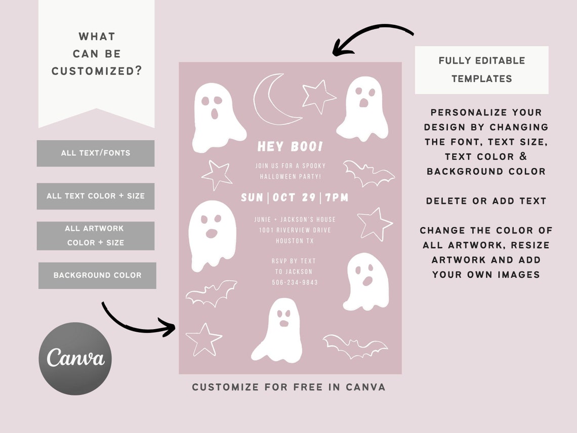 Pink Ghosts Halloween Party Invitation, Halloween Dinner Party, Cute ...