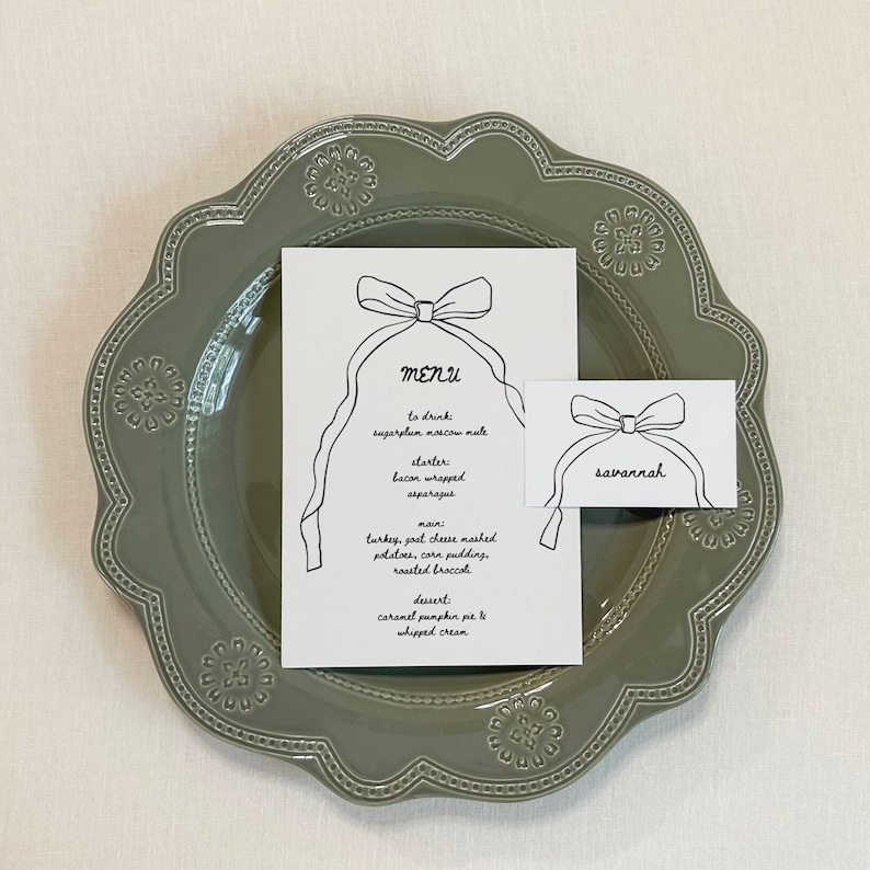 Ribbon Bow Menu & Placecard Template, DIY Dinner Party Invitation, Hand ...