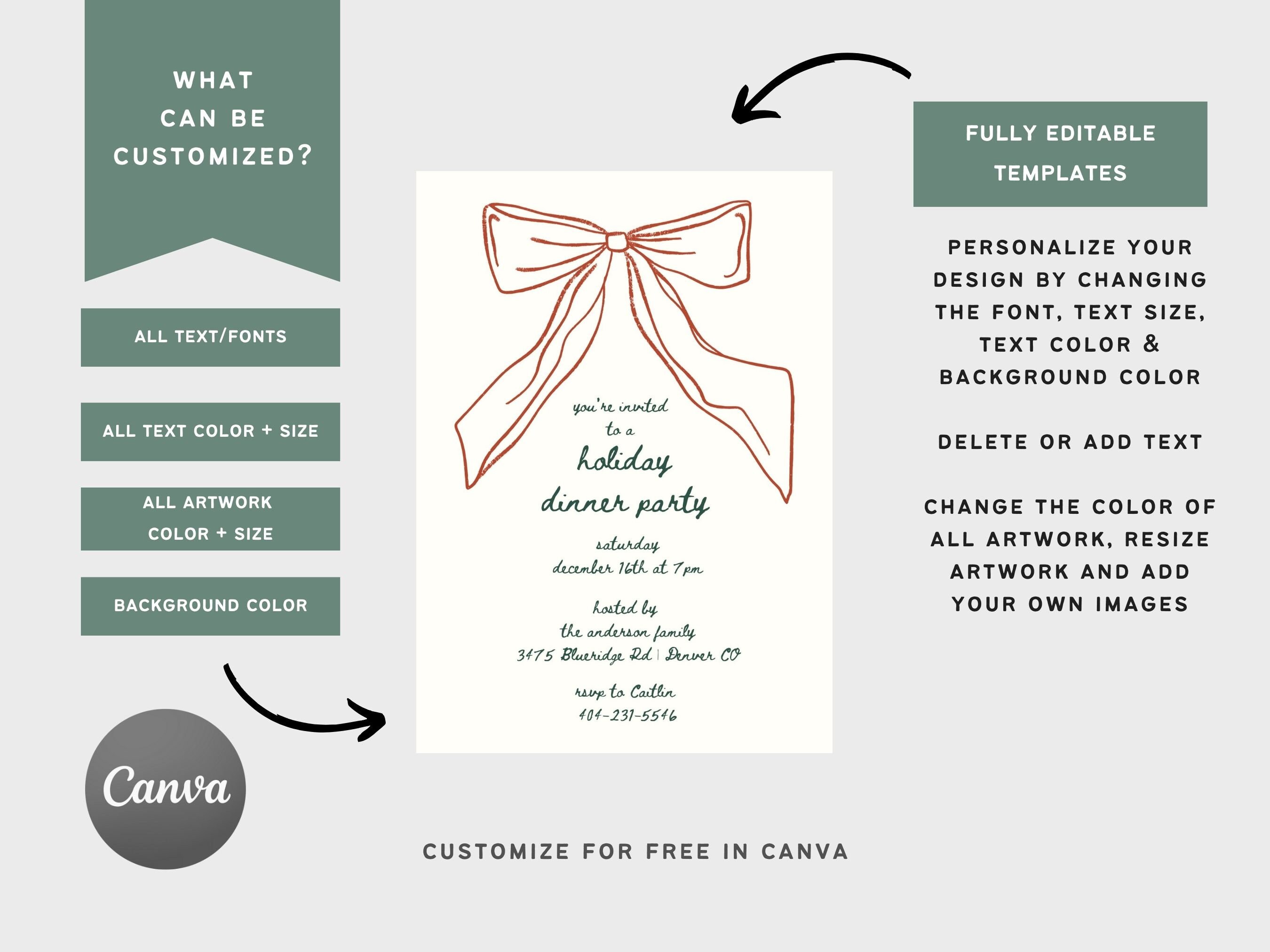 Big Bow Invitation Template, DIY Holiday Party Invitation, Hand-drawn ...